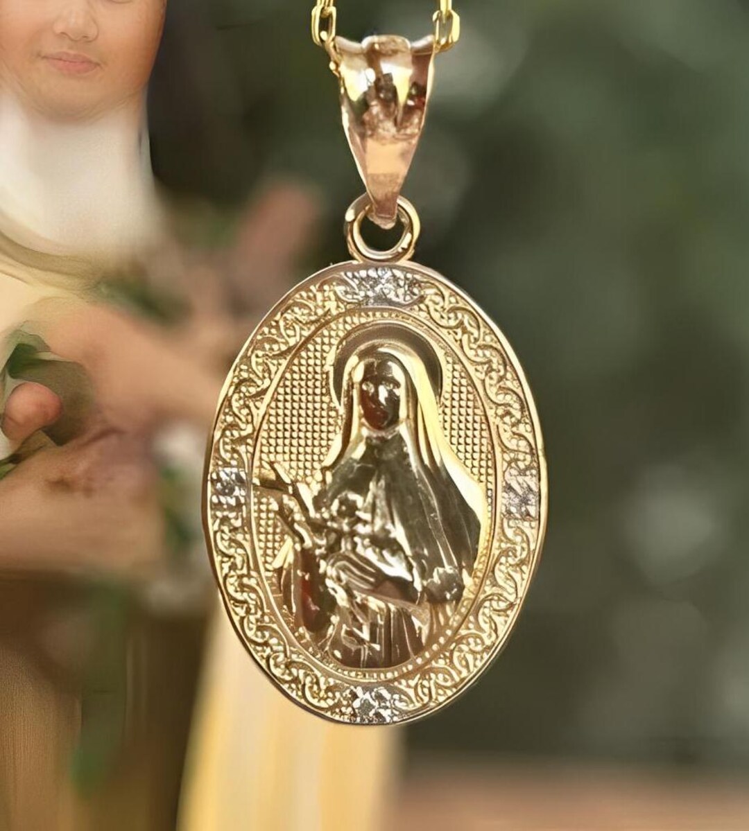 14K Solid Gold Saint Thérèse of Lisieux Diamond Religious Necklace ...