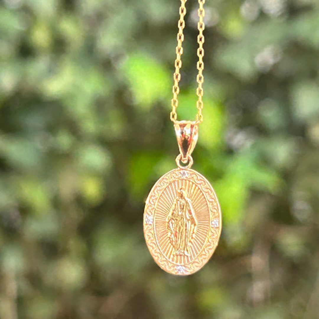 14K Solid Gold Handcrafted Virgin Mary Religious Necklace , 10K ...