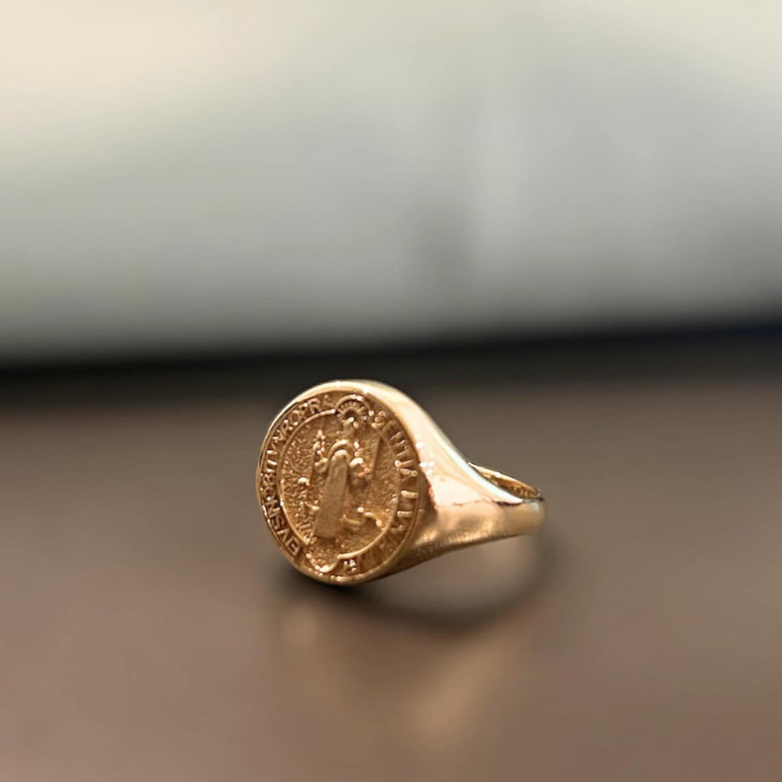 Solid Gold Saint Benedict Signet Medallion Ring, Silver Religious ...