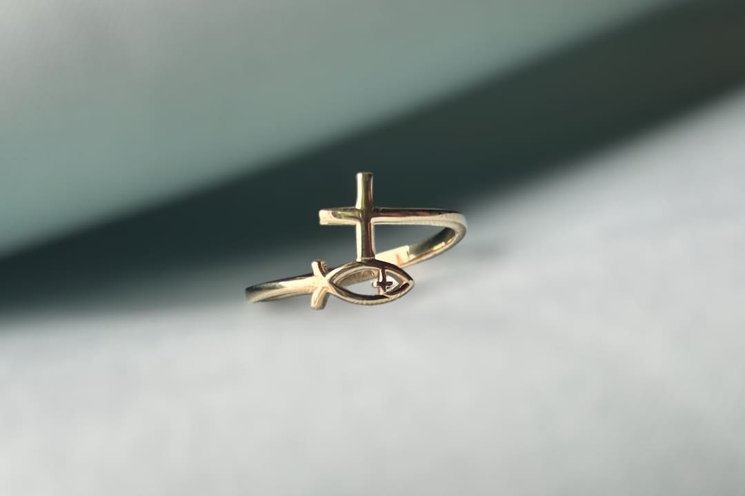 Solid Gold 14K and 10K Ichthys Jesus Fish Cross Ring, Silver Symbol of Christian Faith for ...