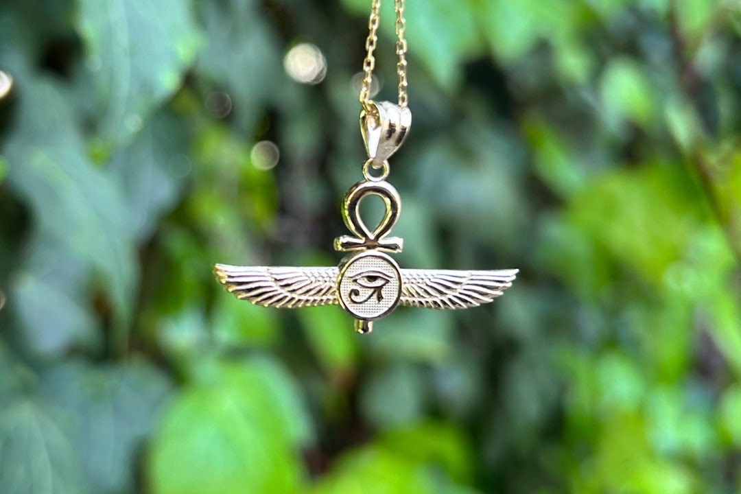 14K Solid Gold Egyptian Protection Pendant, Ankh Cross, Eye of Horus ...