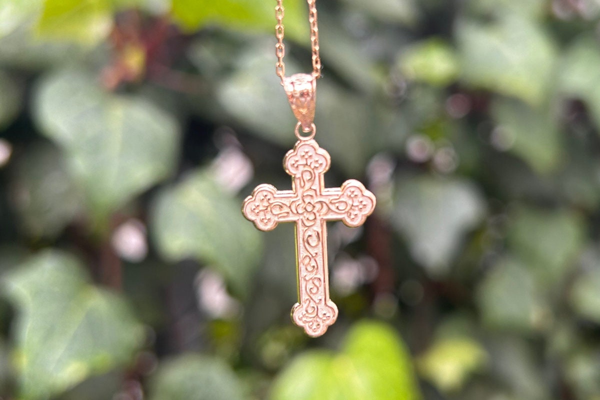 Solid Gold Floral Cross Eastern Orthodox Religious Necklace, Silver ...