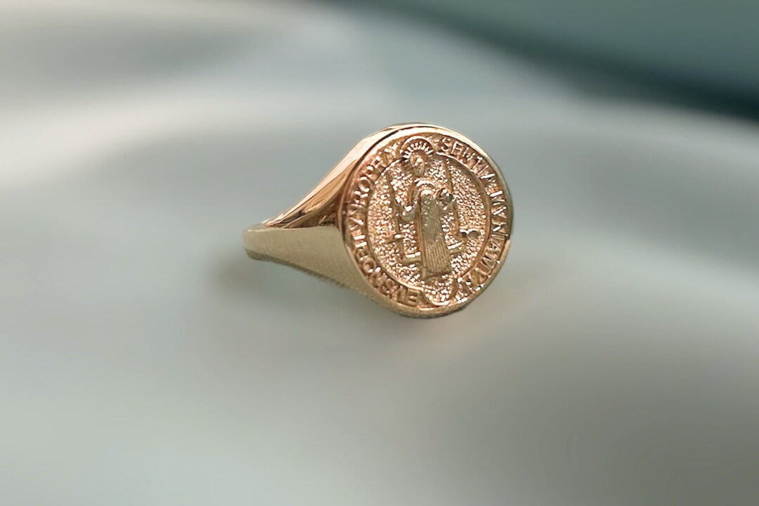 Solid Gold Saint Benedict Signet Medallion Ring, Silver Religious ...