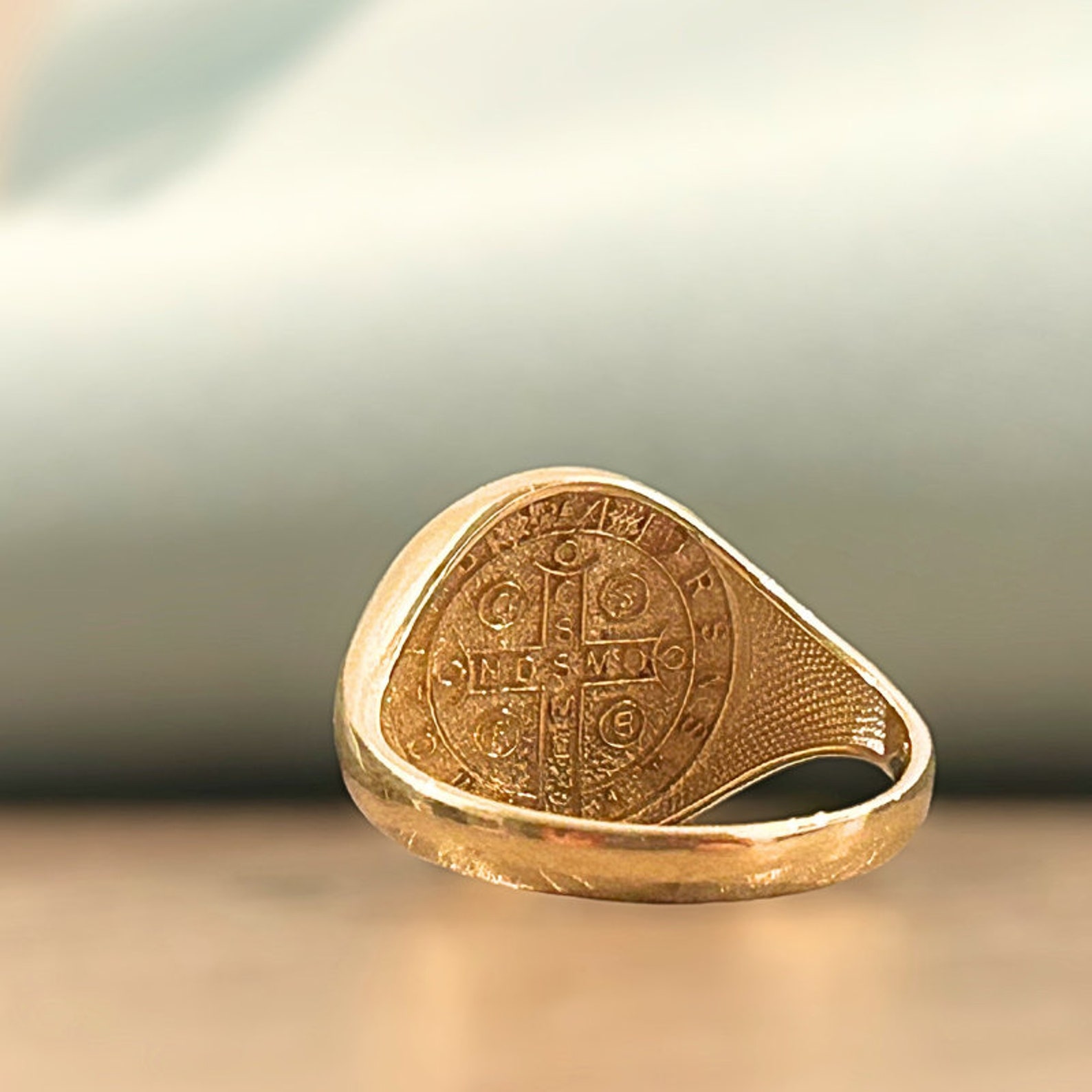 Solid Gold Saint Benedict Signet Medallion Ring, Silver Religious ...