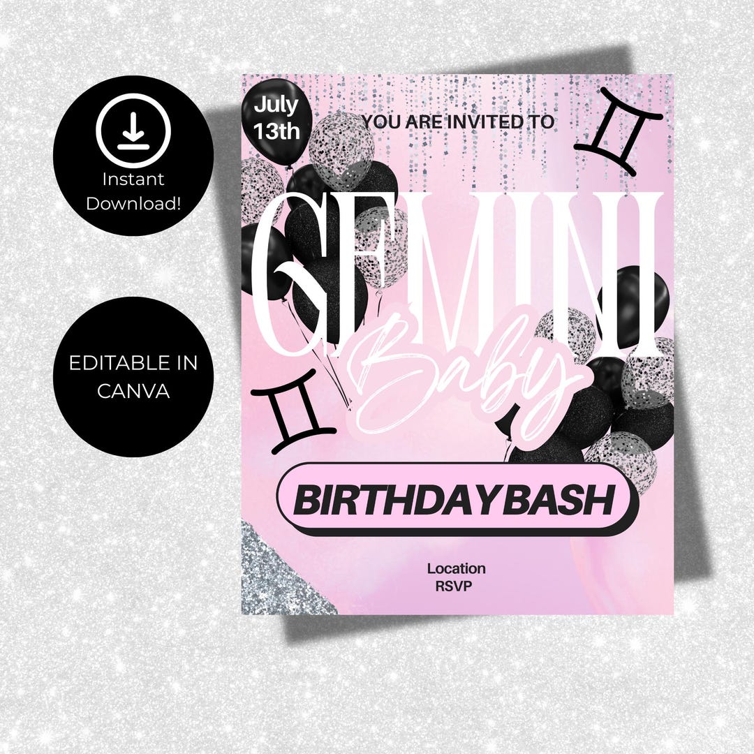 Gemini Birthday Invitation: Pink & Silver Party Flyer (canva Template ...