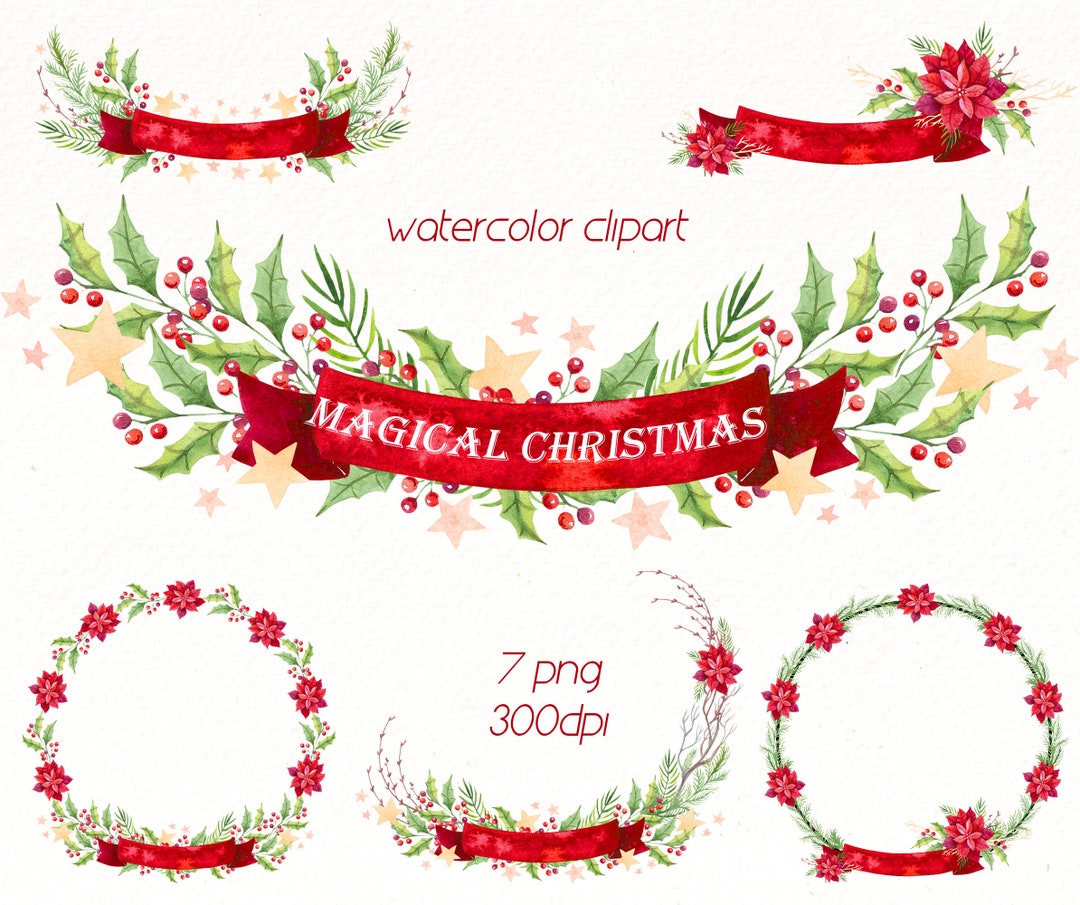 Watercolor Christmas Wreath Clipart: Floral Frames PNG (digital ...