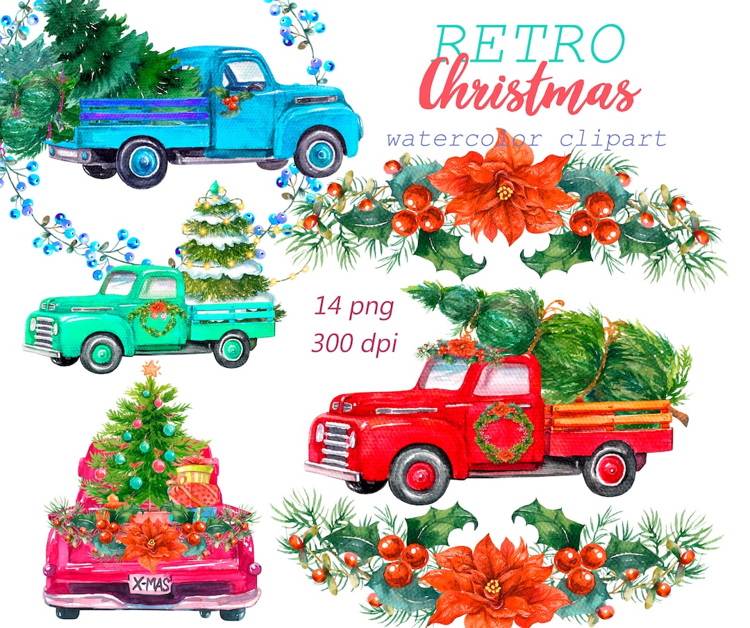 Christmas Truck Clipart, Watercolor Vintage Red Pickup Png, Pine Tree ...