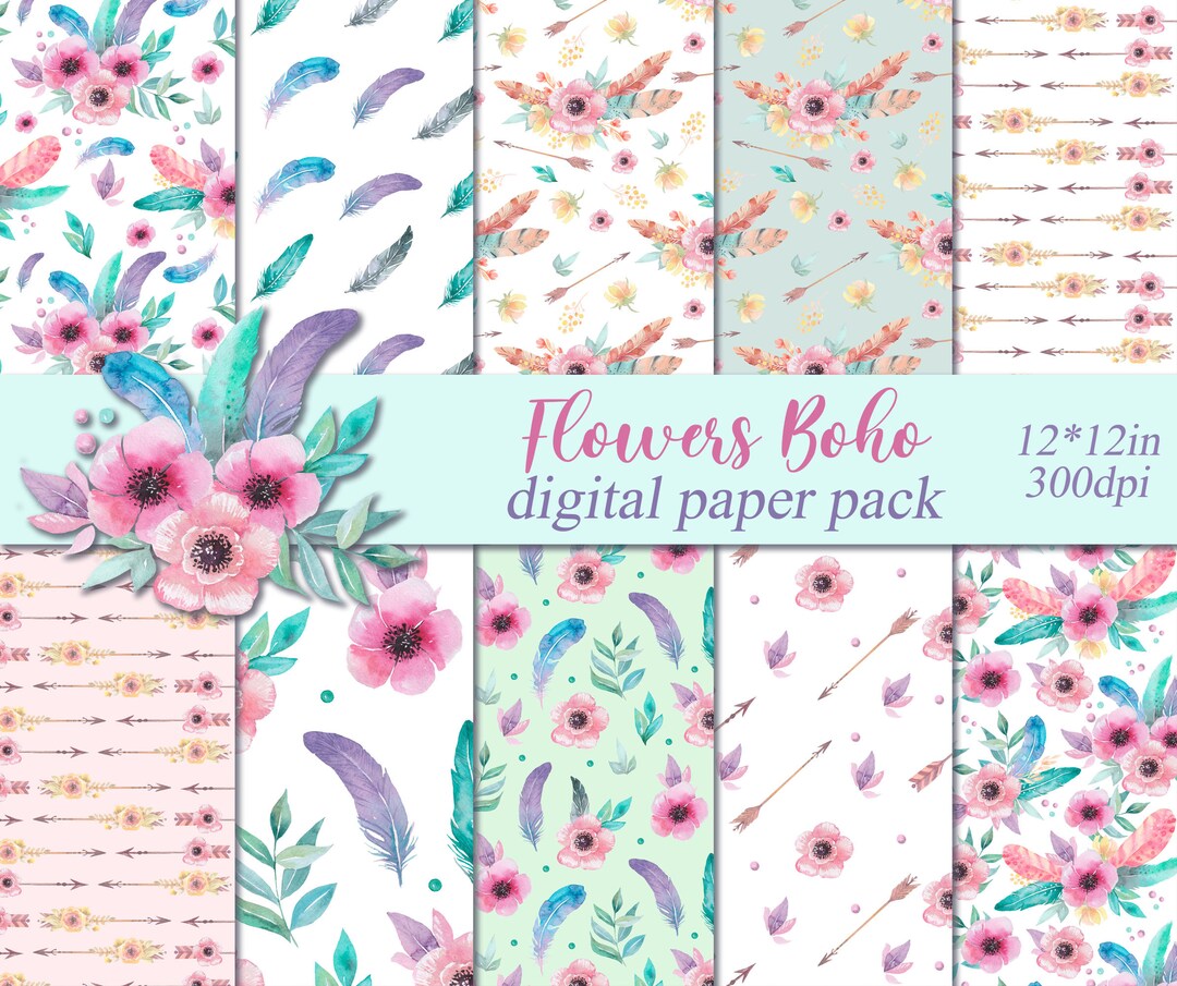 Watercolor Flowers Boho Digital Paper , Modern Paper Pack , Floral ...