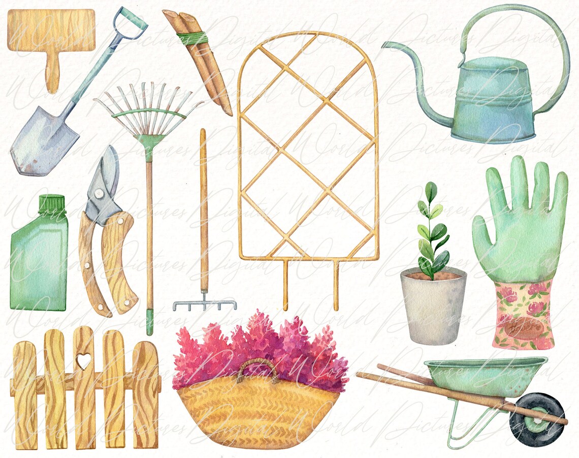 Spring Gardening Watercolor Clipart, Garden Tools Png Graphics, Summer ...