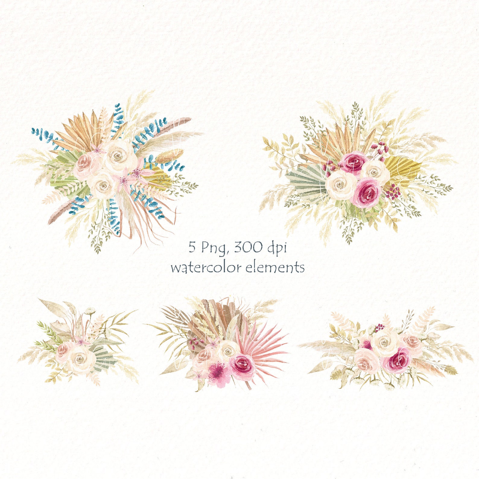 Watercolor Boho Bouquet Clipart , Modern Dried Floral Hand Drawn ...