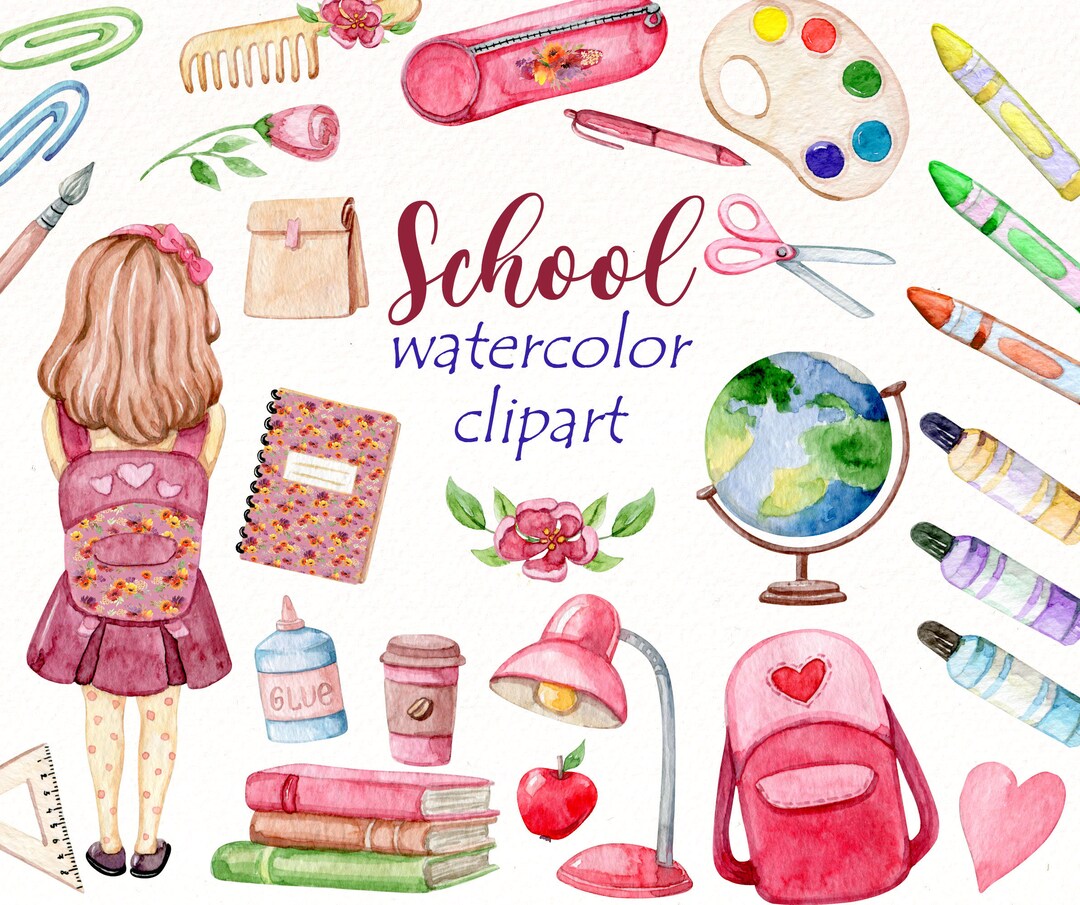 Watercolor School Clipart: Back to School PNG Graphics (commercial Use ...