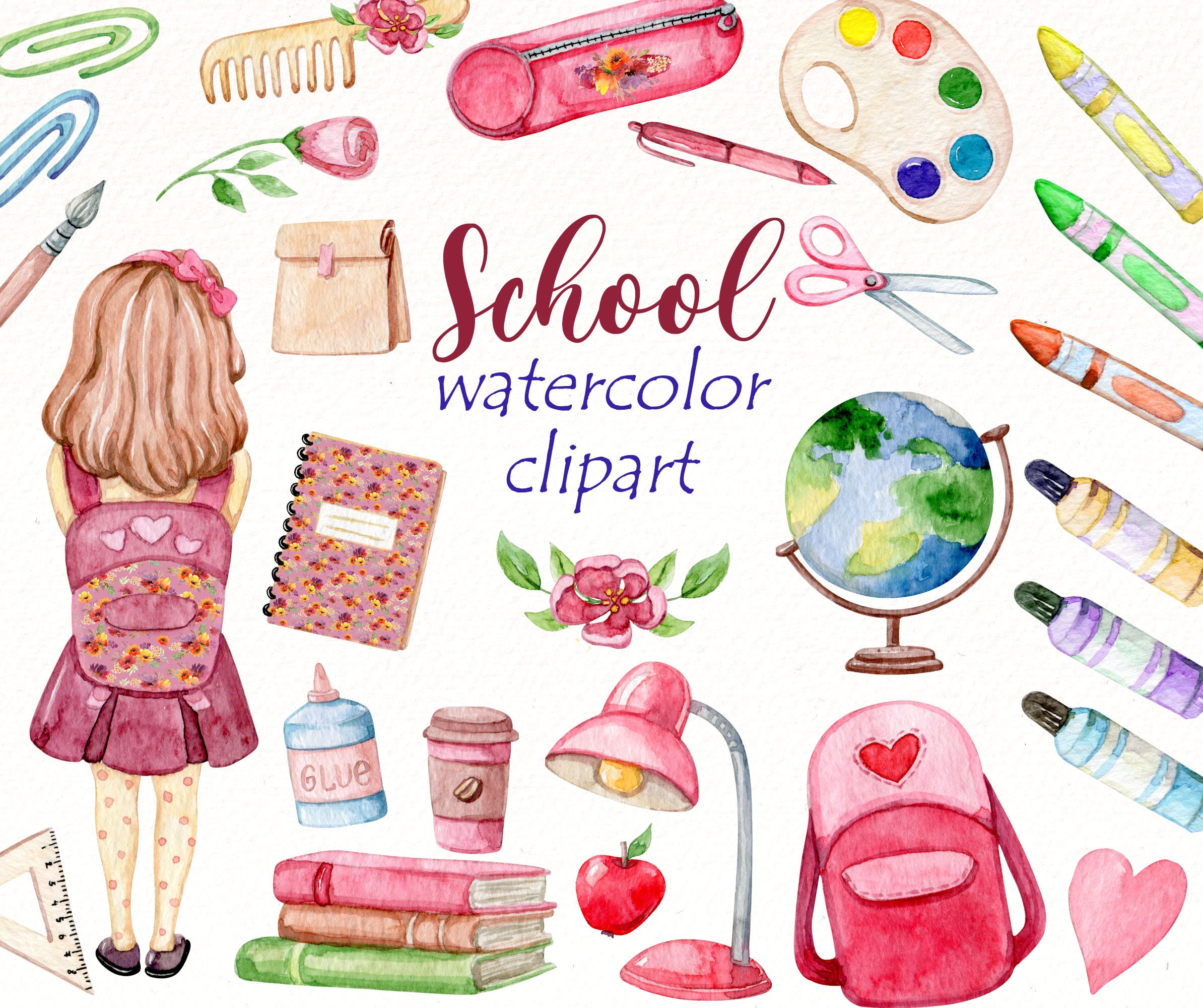 Watercolor School Clipart ,back to School PNG , Girl Student Clip Art ...
