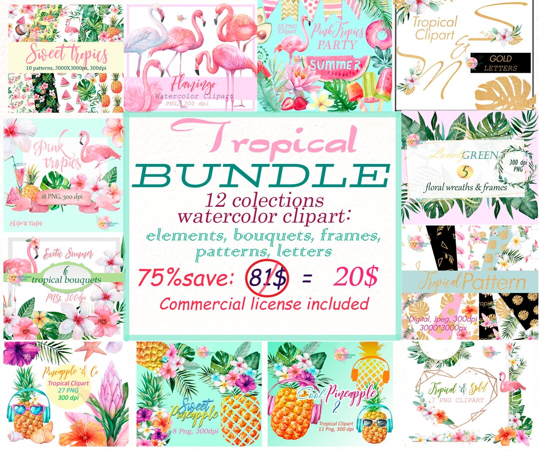 Watercolor Tropical Clipart. BUNDLE Tropic Frame Bouquets - Etsy