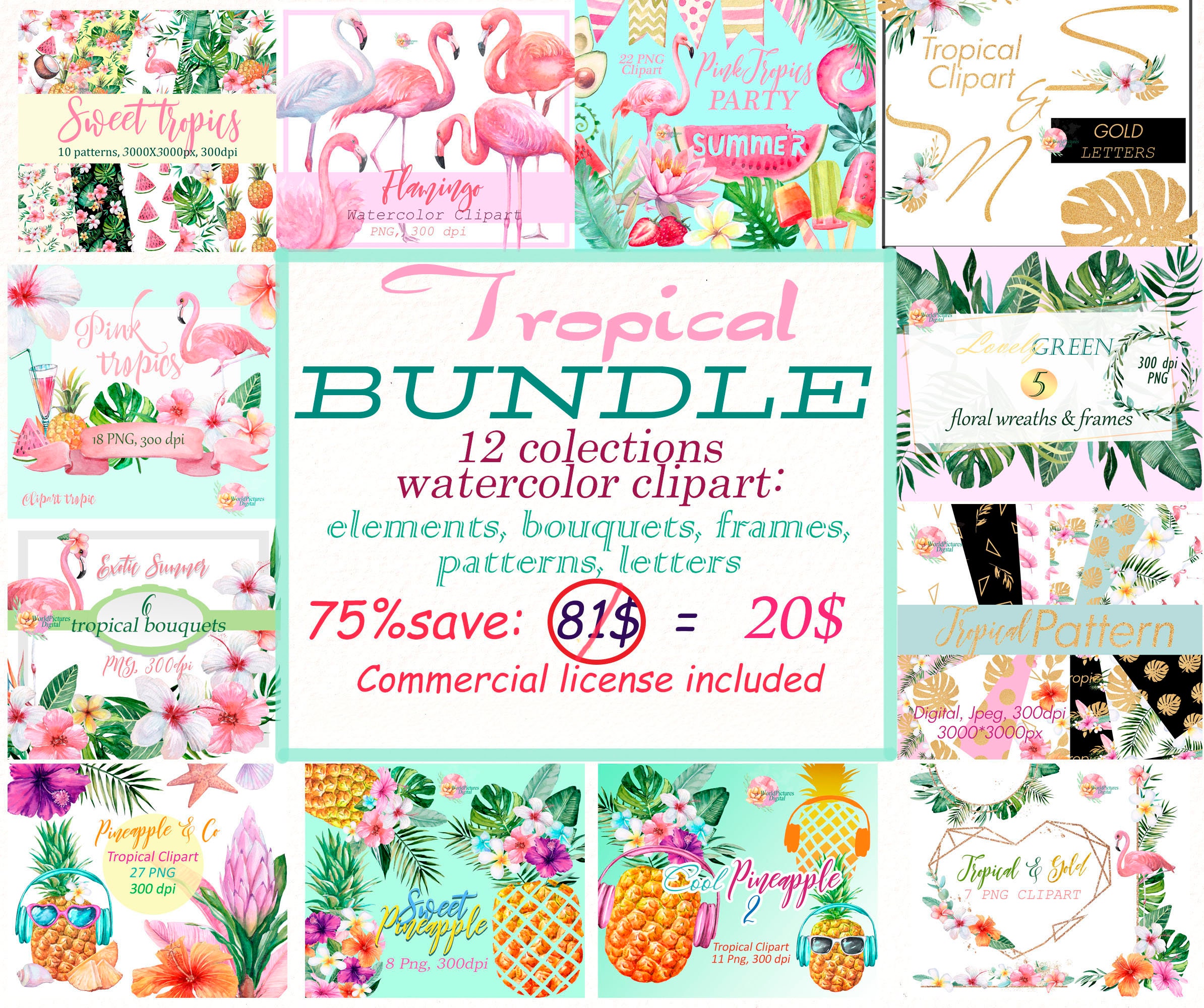 Watercolor Tropical Clipart. BUNDLE Tropic Frame Bouquets - Etsy
