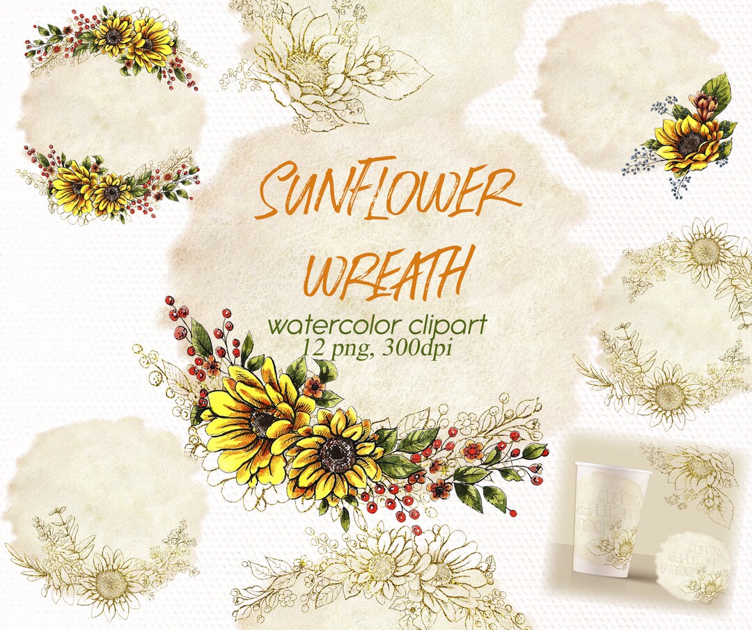 Watercolor Sunflower Wreath Clipart: Rustic Floral PNG (digital ...