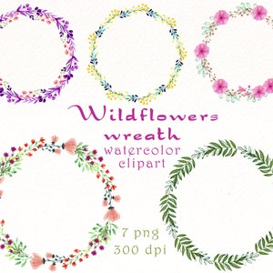 Watercolor Wildflower Wreath Clipart: Floral Frame PNG (digital ...