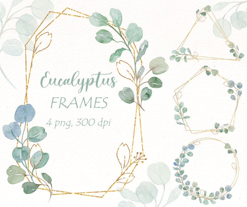Watercolor Eucalyptus Wreath Clipart: Gold Frame PNG (digital Download ...