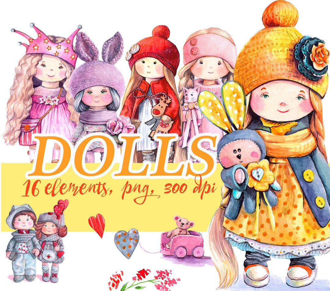 Watercolor Dolls Clipart, Tilde Doll Png, Set of Cartoon Girls, Cute ...