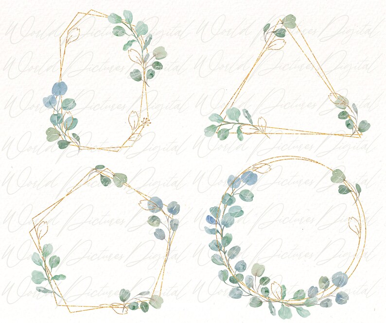 Watercolor Eucalyptus Wreath Clipart: Gold Frame PNG (digital Download ...