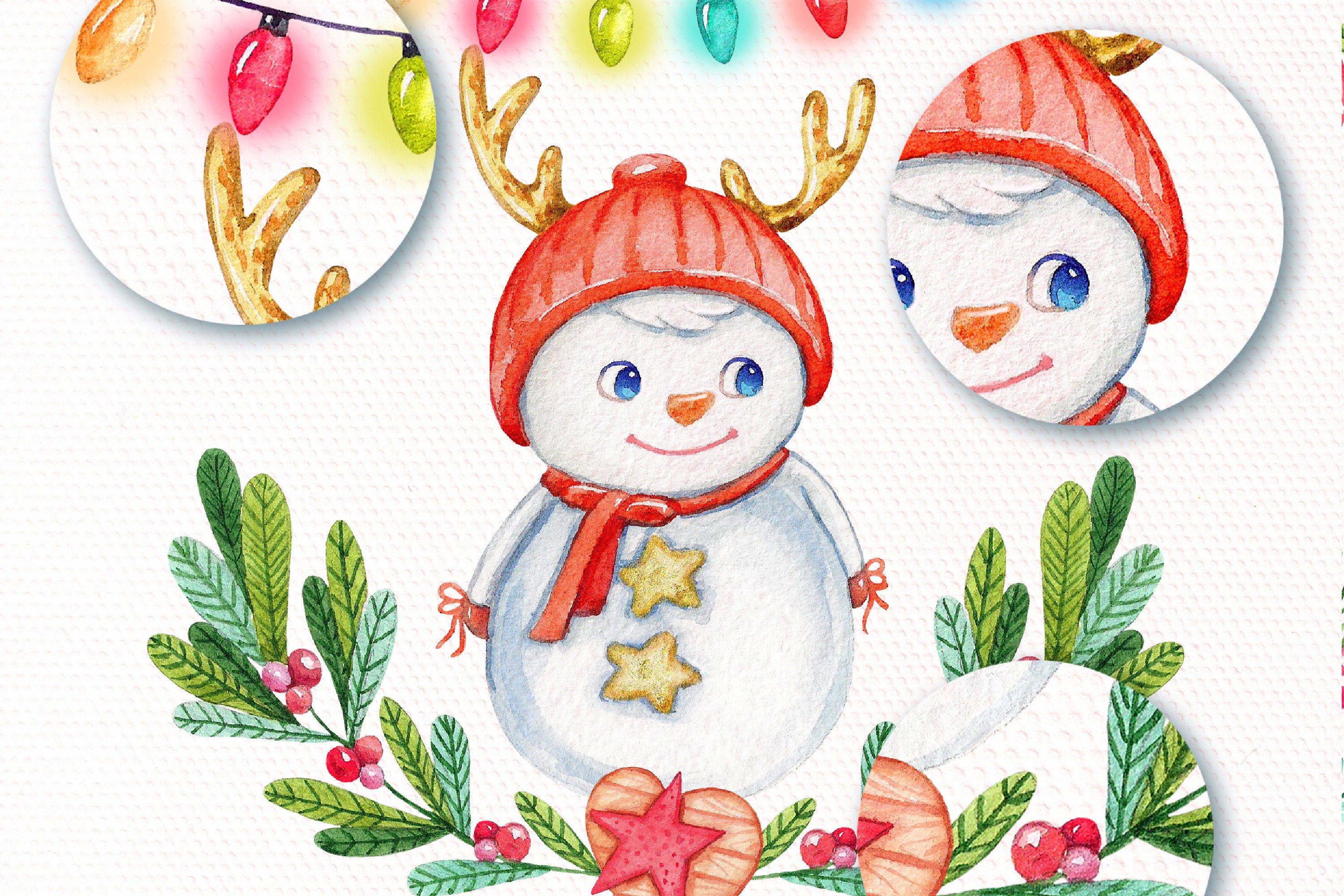 Cute Snowman Watercolor Clipart, Christmas Set With Wreath, Snowflakes ...
