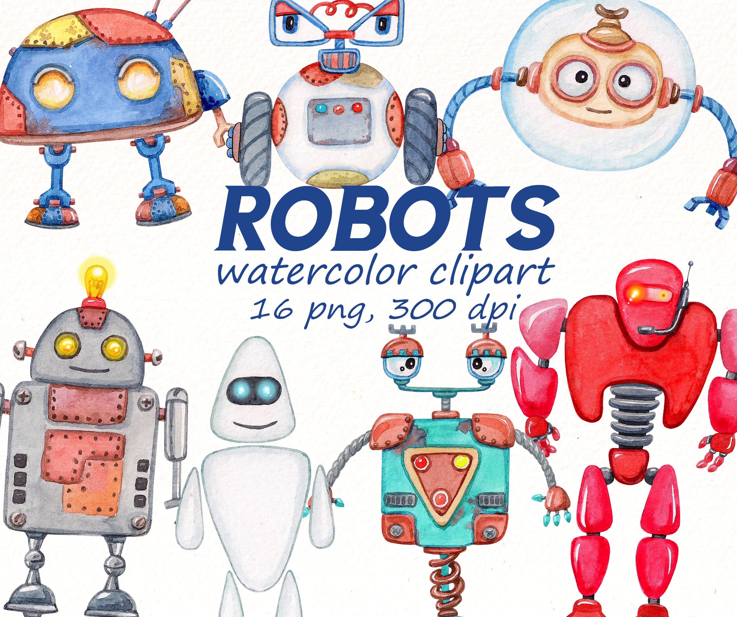 Robots Clipart, Watercolor Robot Png Files, Baby Illustration Clip Art ...