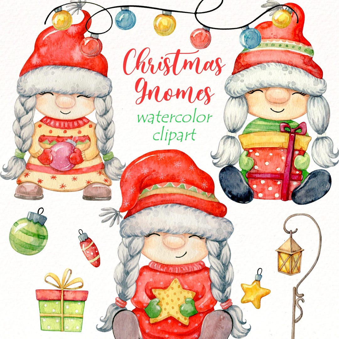 Watercolor Christmas Gnome Clipart: Scandinavian Holiday Graphics (PNG ...