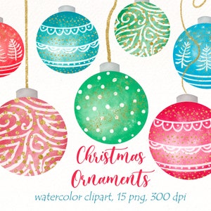 Watercolor Christmas Ornament Clipart: Glitter Baubles (digital ...
