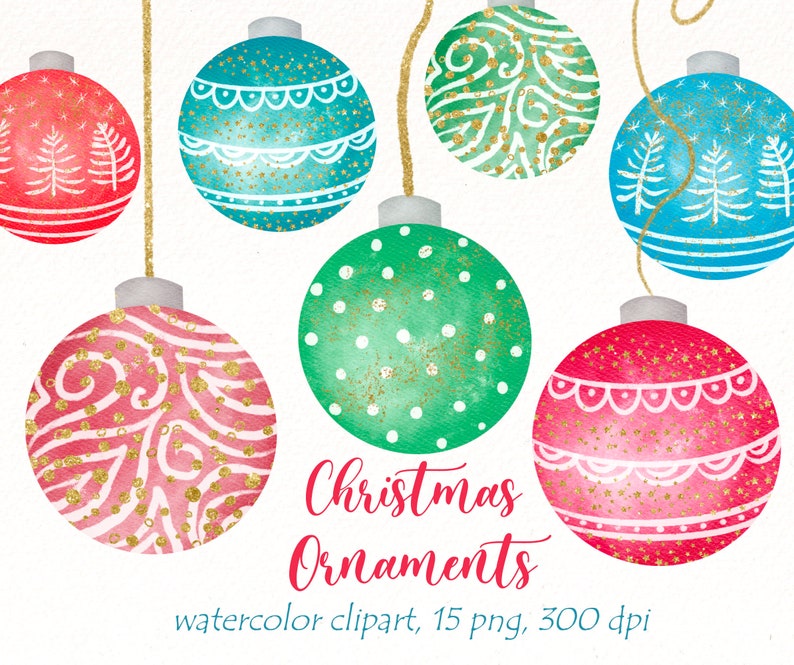 Watercolor Christmas Ornament Clipart: Glitter Baubles (digital ...