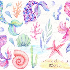 Watercolor Mermaid Tail Clipart, Undersea Clip Art, Pastel Baby Girl ...