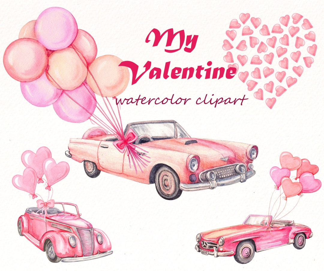 Valentine's Day Watercolor Clipart: Vintage Cars, Hearts, Balloons ...