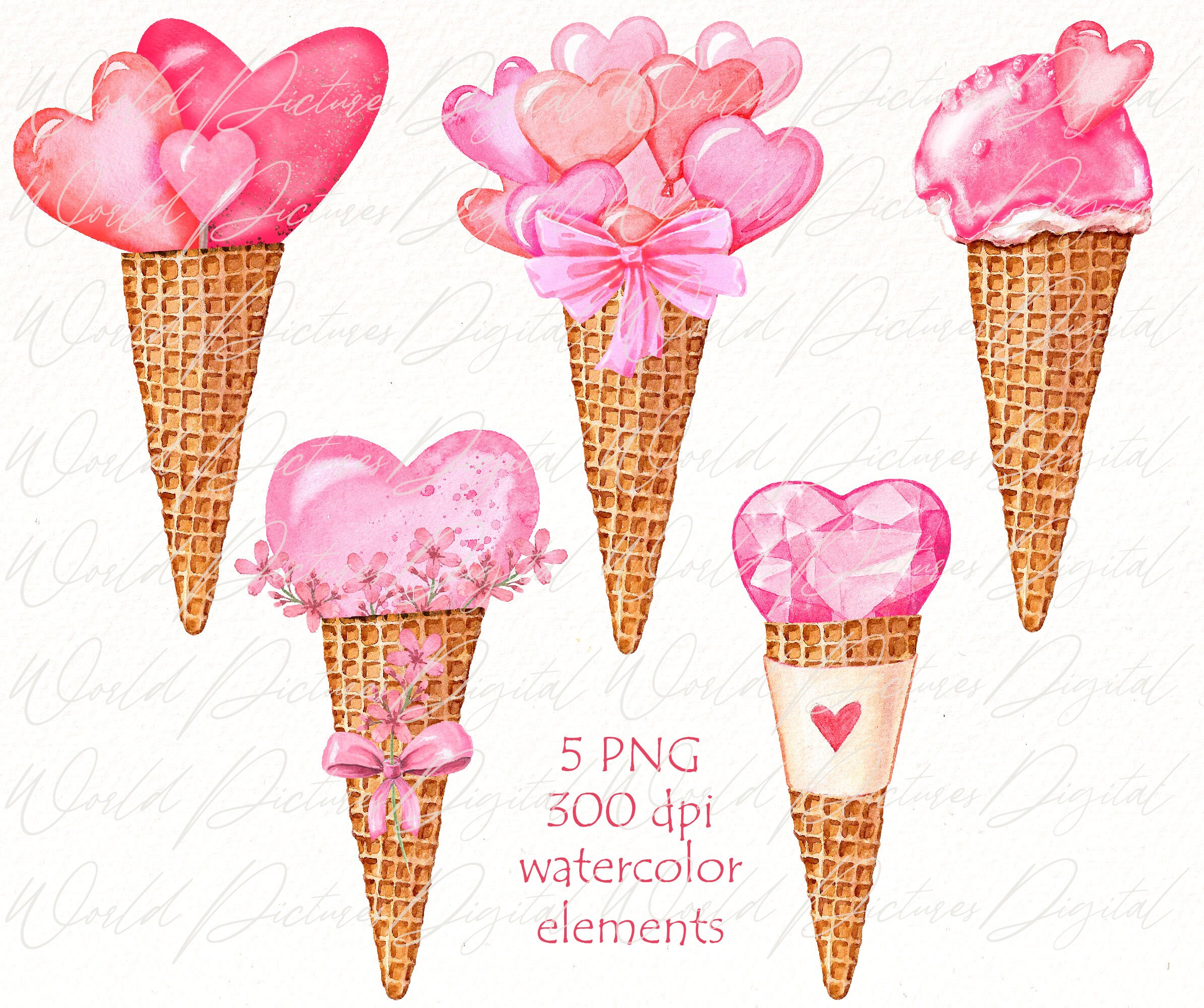 Sweet Valentines Day Clipart, Watercolor Pink Icecream Png, Valentines ...