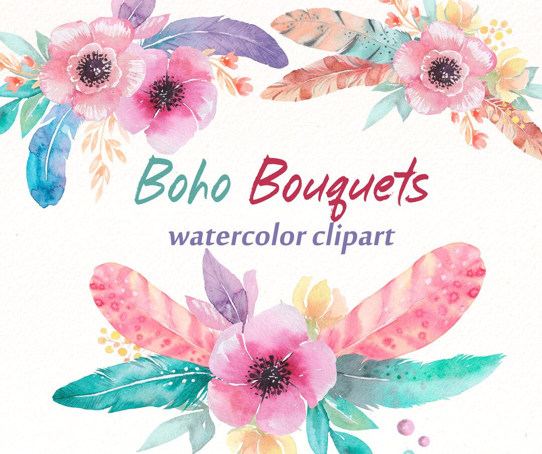 Watercolor Boho Floral Bouquet Clipart: Summer Wedding Graphics ...