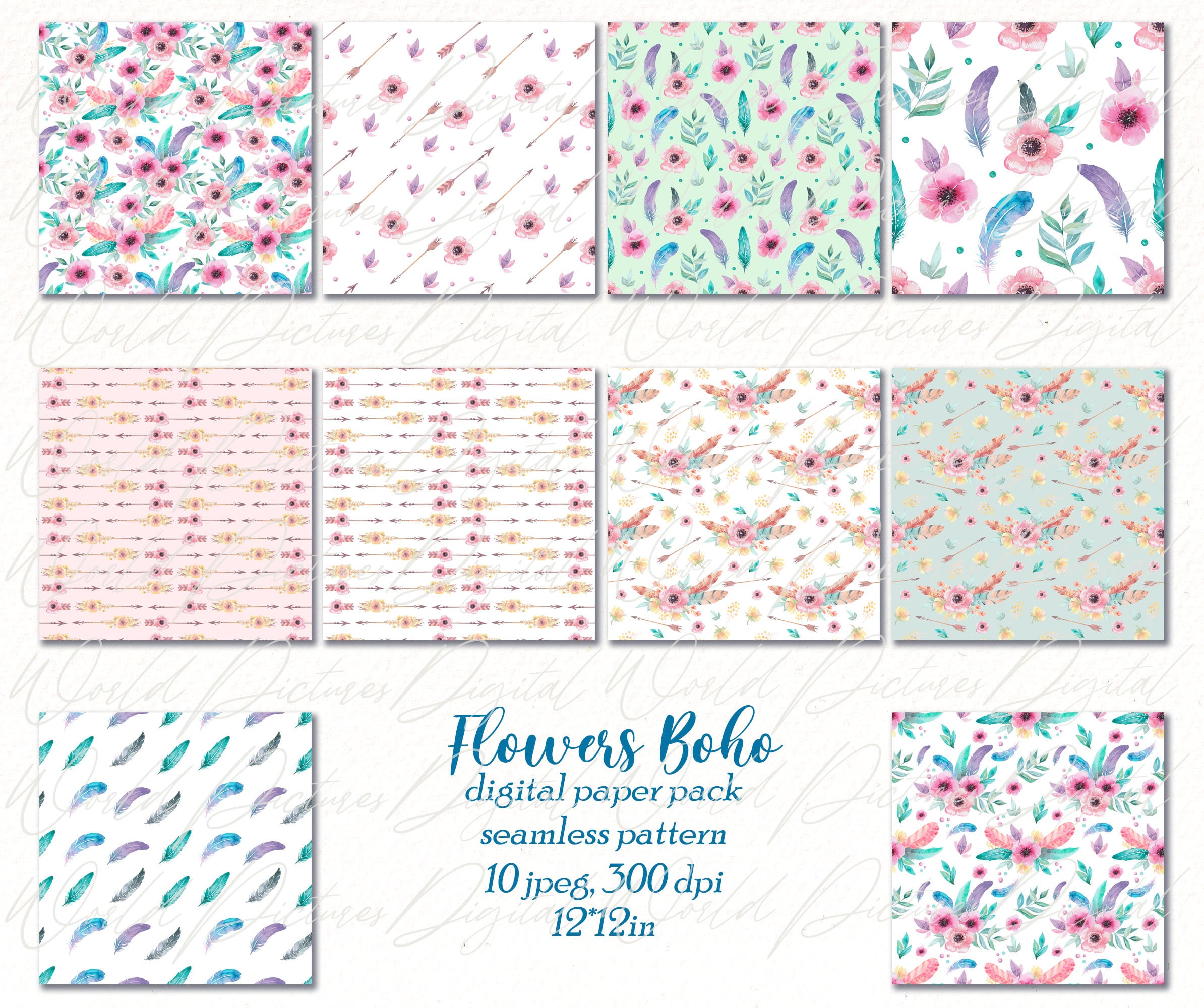 Watercolor Flowers Boho Digital Paper , Modern Paper Pack , Floral ...