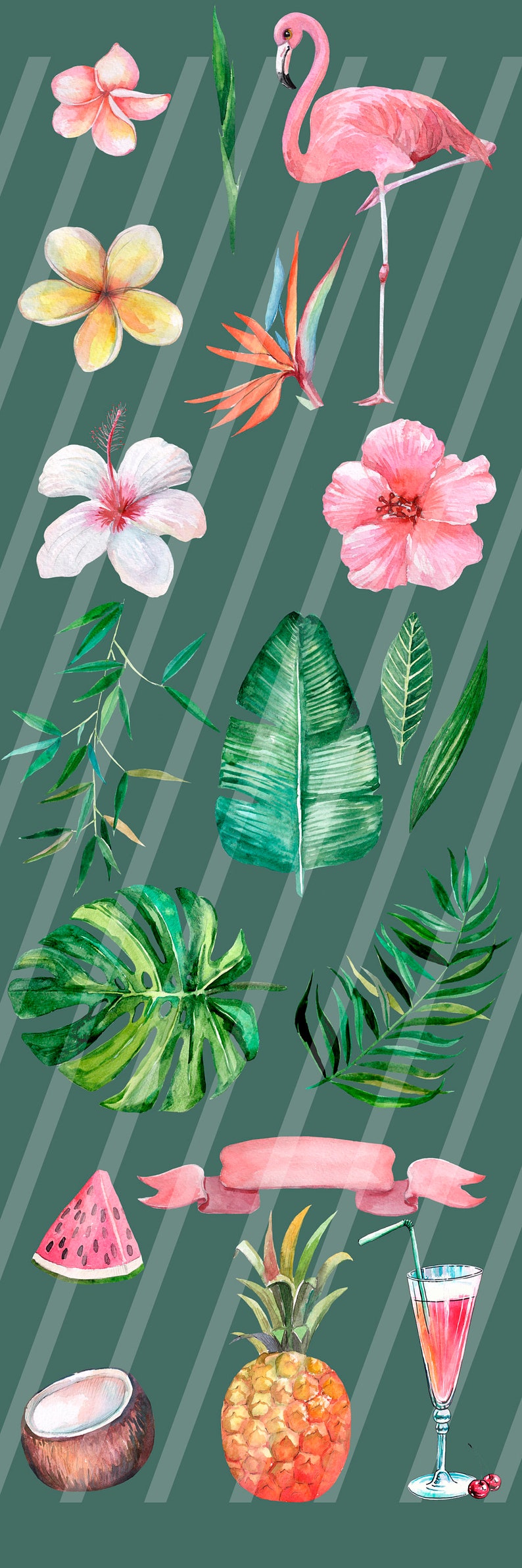 Watercolor Tropical Clipart: Flamingo, Pineapple, Floral (digital ...