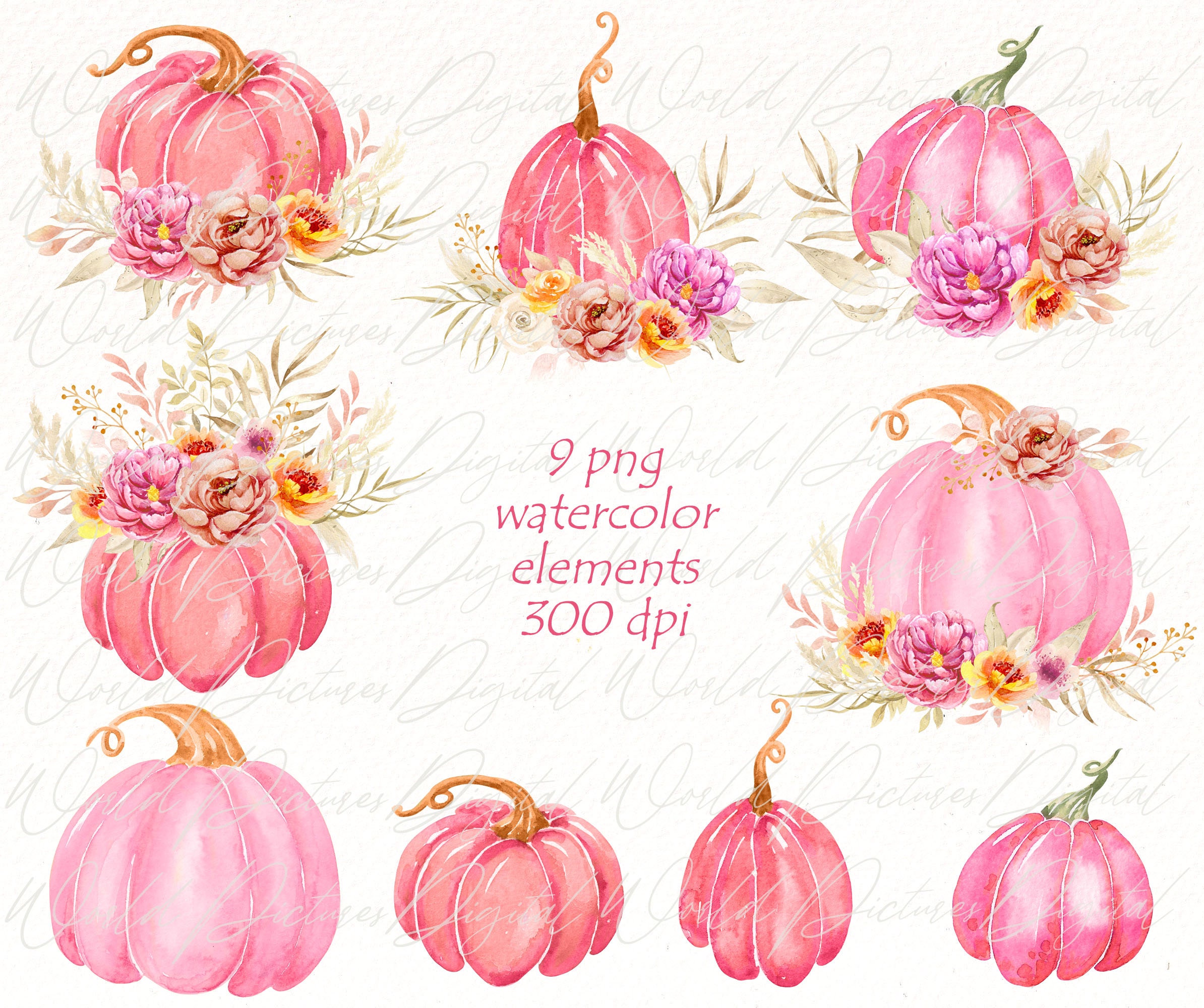 Pink Pumpkin Clipart, Watercolor Fall Clipart, Pastel Flowers Pumpkin ...