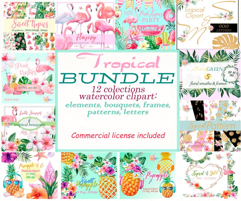 Watercolor Tropical Clipart. BUNDLE Tropic Frame, Bouquets, Patterns ...