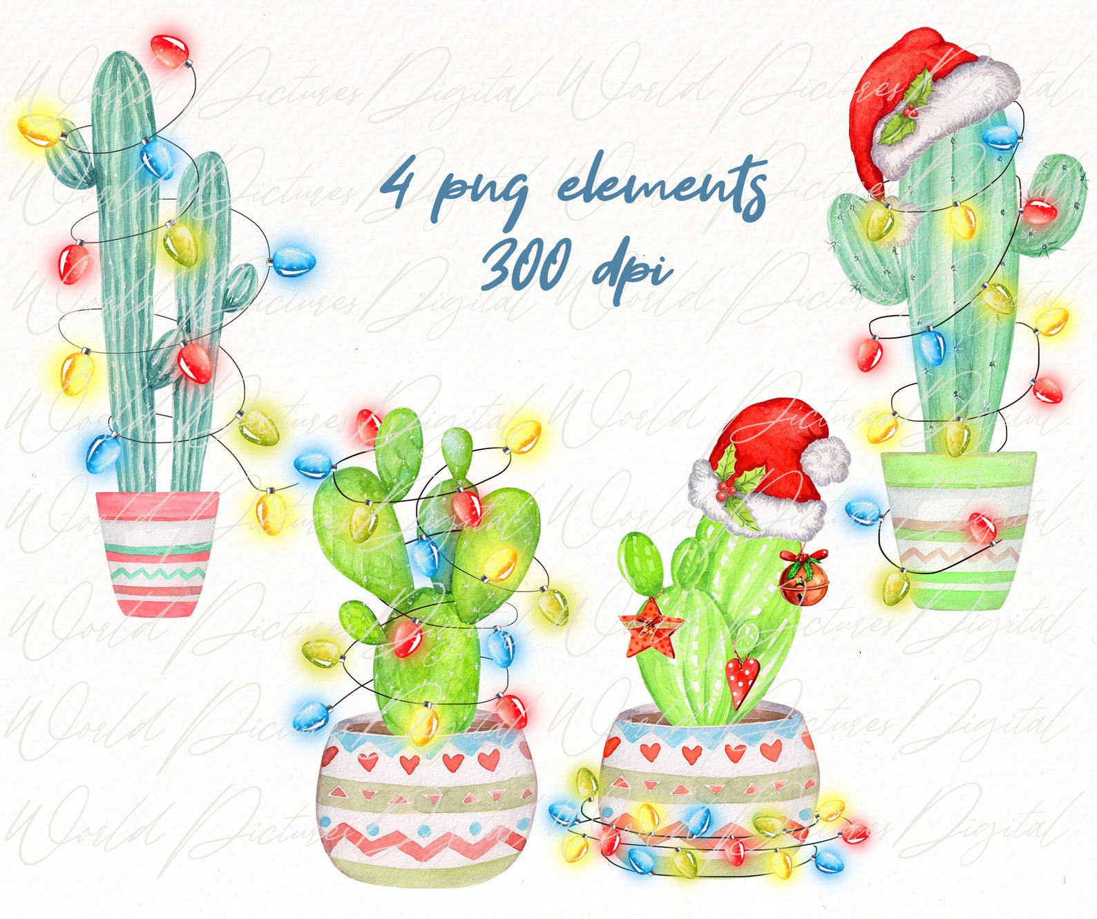 Christmas Cactus Clipart, Watercolor Cute Plant Clip Art With Holiday ...