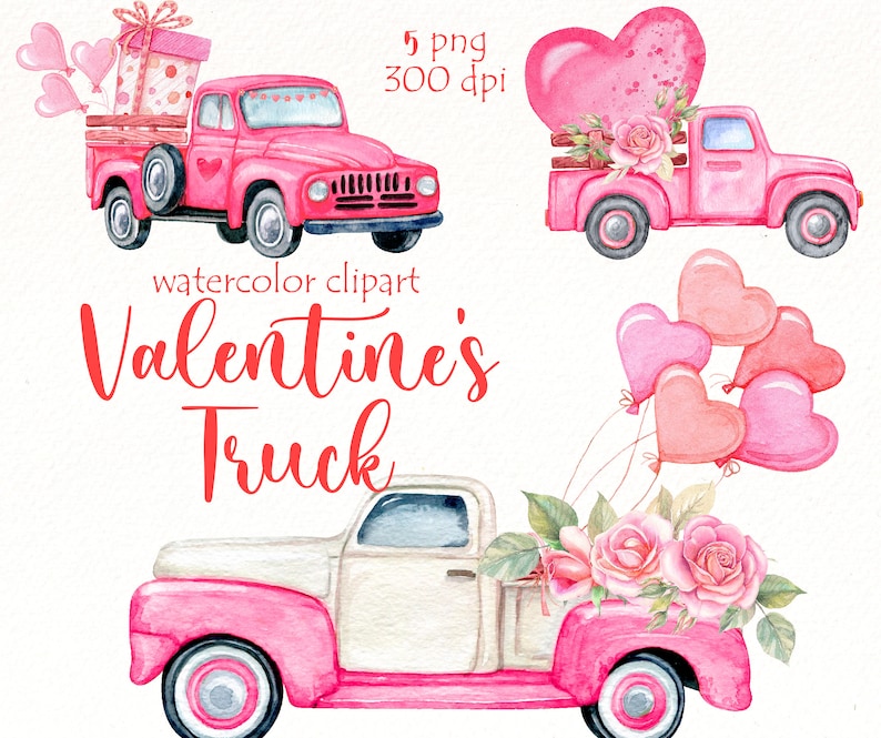 Watercolor Valentine Trucks Clipart, Pink Truck Png, Heart Balloon Clip ...