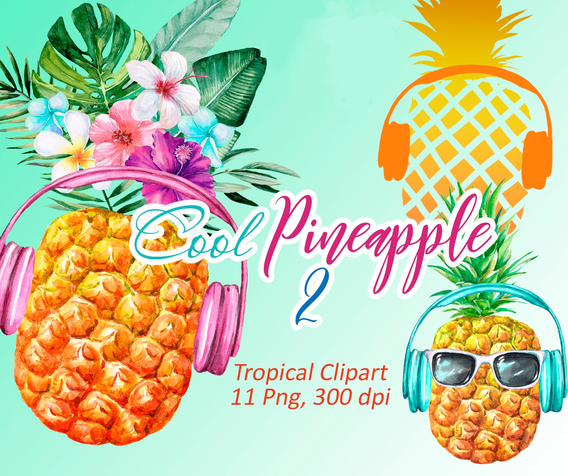 Watercolor Pineapple Clipart: Tropical Flowers, Summer Beach (digital ...