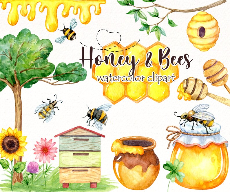 Bee Clipart, Honey Watercolor Clipart, Farm Handdrawn Clip Art, Hive ...