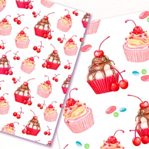Bakery Digital Paper, Sweet Seamless Pattern, Watercolor Cupcake With ...