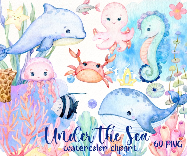 Under the Sea Watercolor Clipart, Okean Png, Nautical Clip Art, Octopus ...
