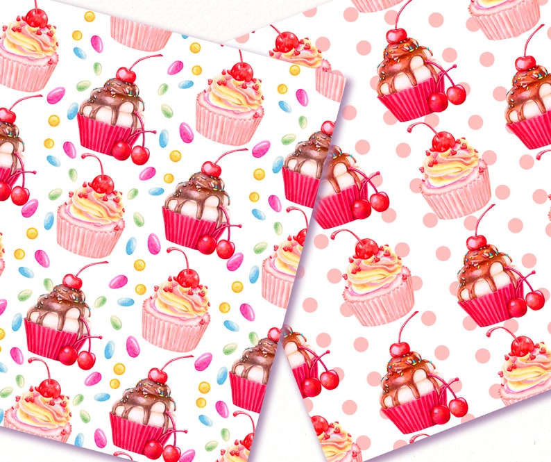 Bakery Digital Paper, Sweet Seamless Pattern, Watercolor Cupcake With ...