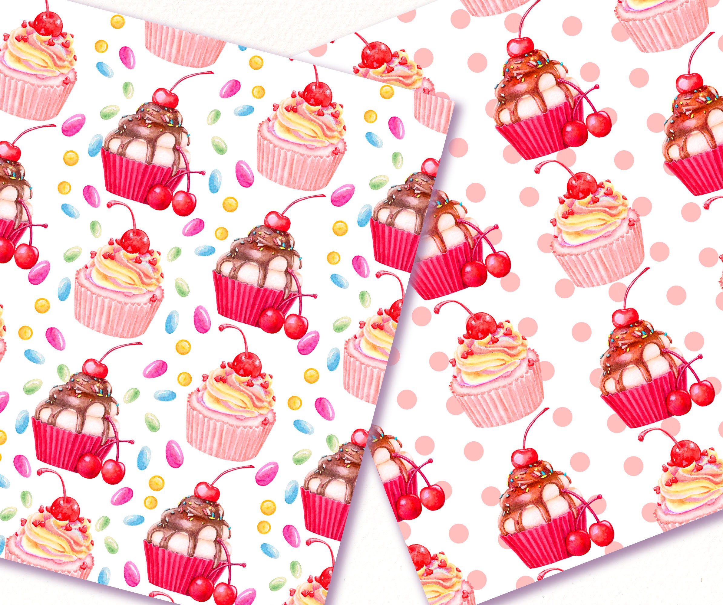 Bakery Digital Paper, Sweet Seamless Pattern, Watercolor Cupcake With ...