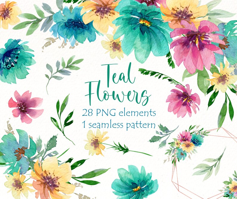 Watercolor Floral Clipart: Teal Flower Bouquets & Frames (digital ...