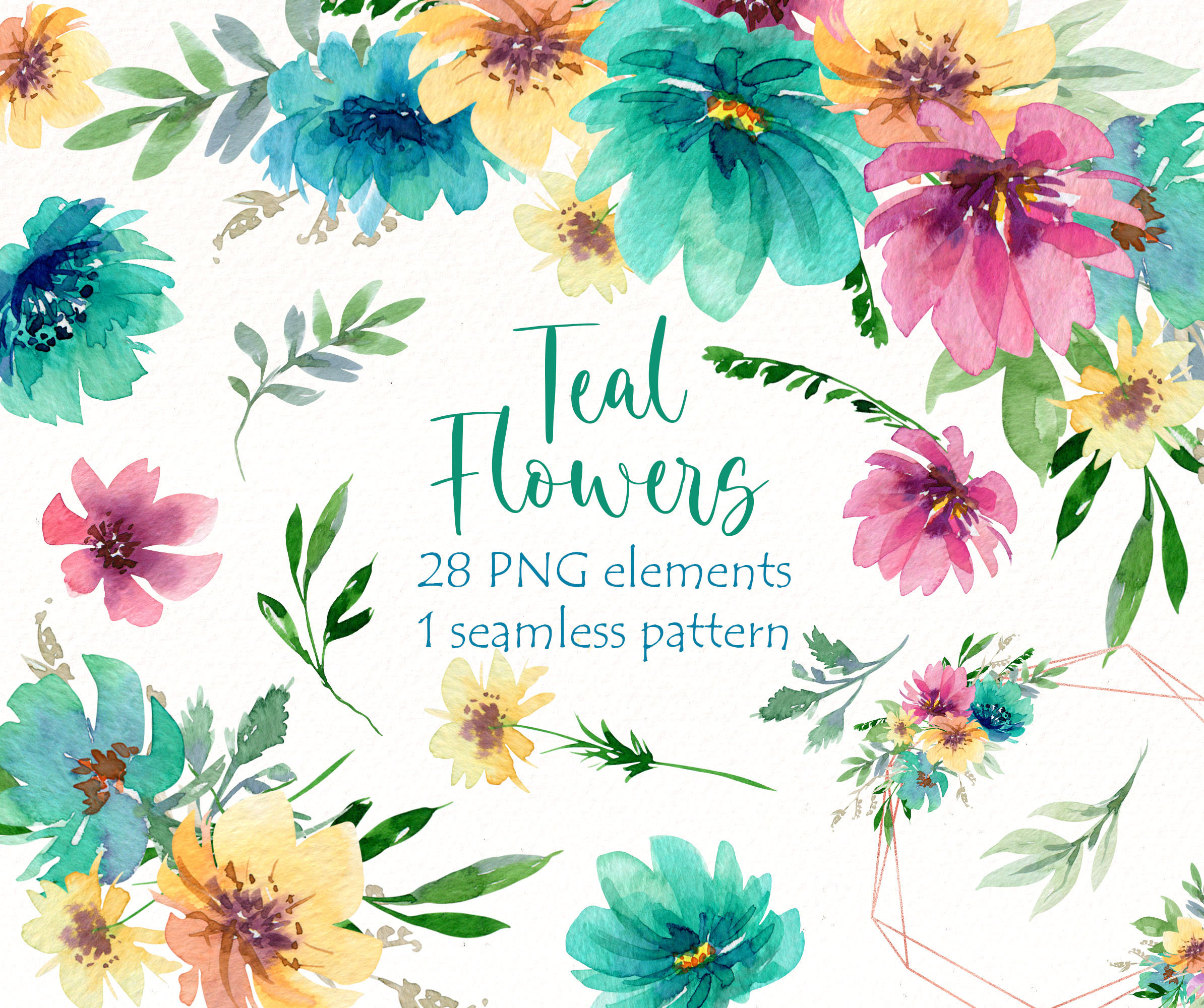 Watercolor Floral Clipart, Teal Flowers Png Files, Watercolor Wedding ...
