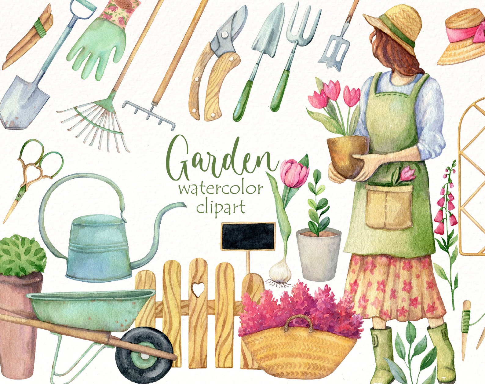 Spring Gardening Watercolor Clipart, Garden Tools Png Graphics, Summer ...