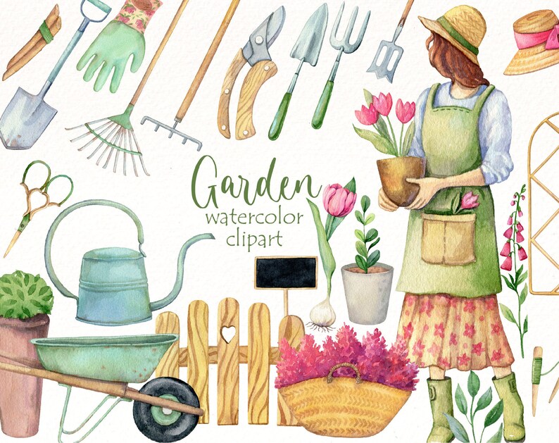 Spring Gardening Watercolor Clipart, Garden Tools Png Graphics, Summer ...