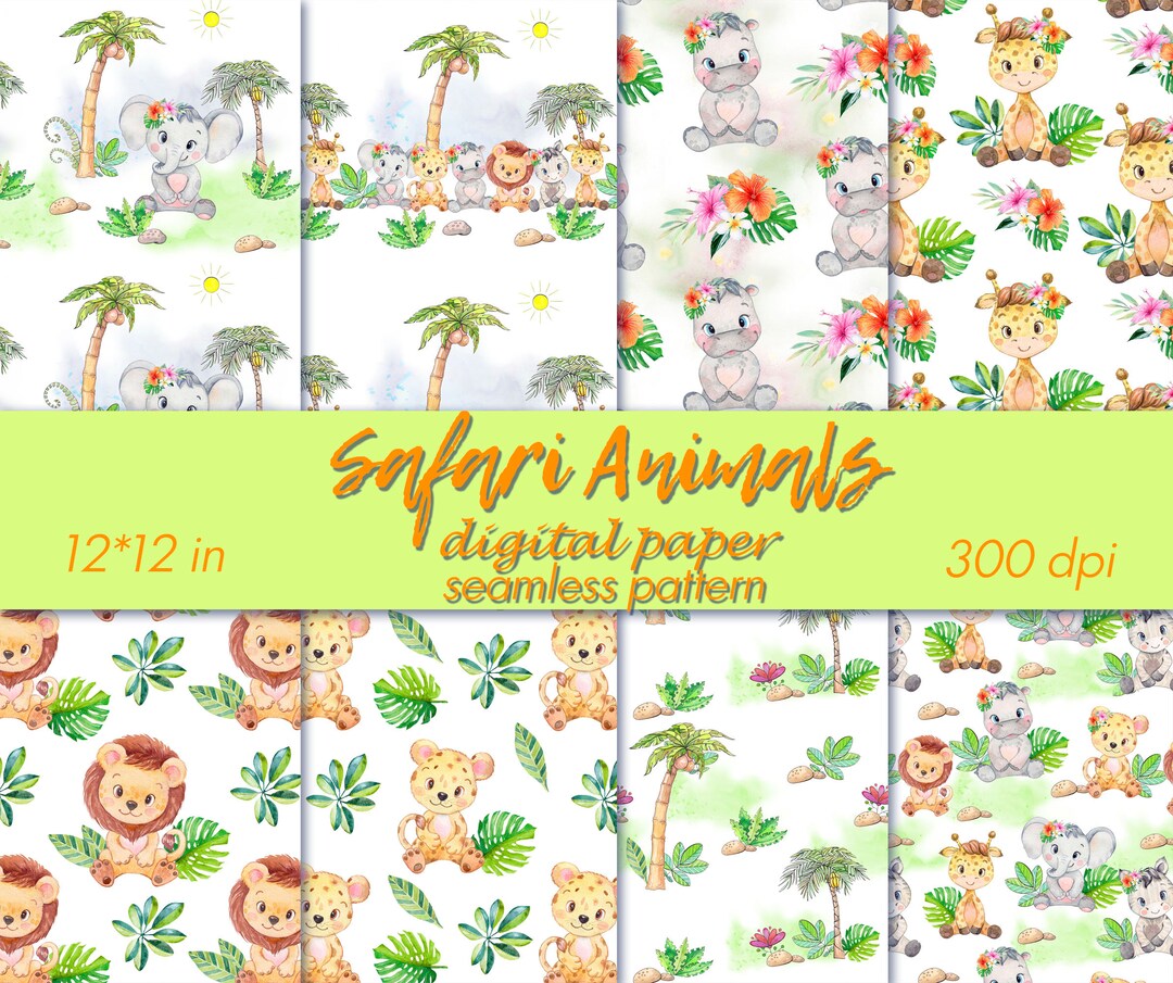 Safari Animals Digital Paper. Watercolor Baby Jungle Elephant, Zebra ...