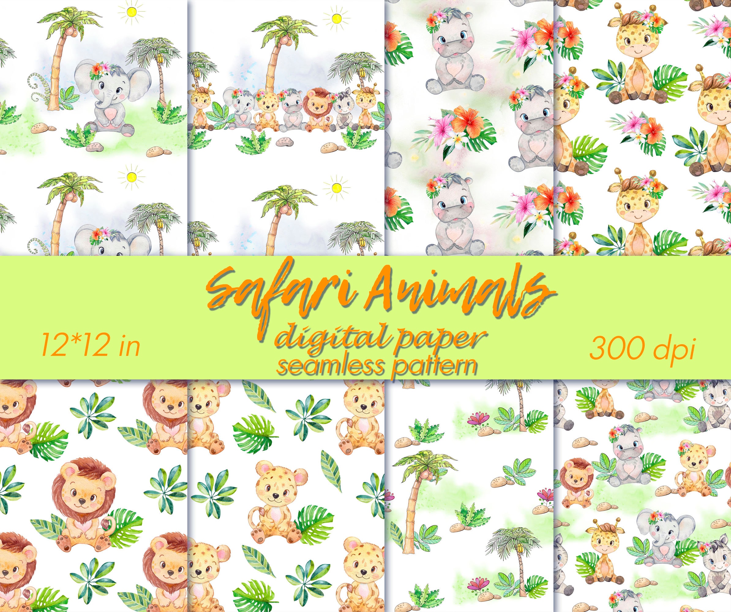 Safari Animals Digital Paper. Watercolor Baby Jungle Elephant, Zebra ...